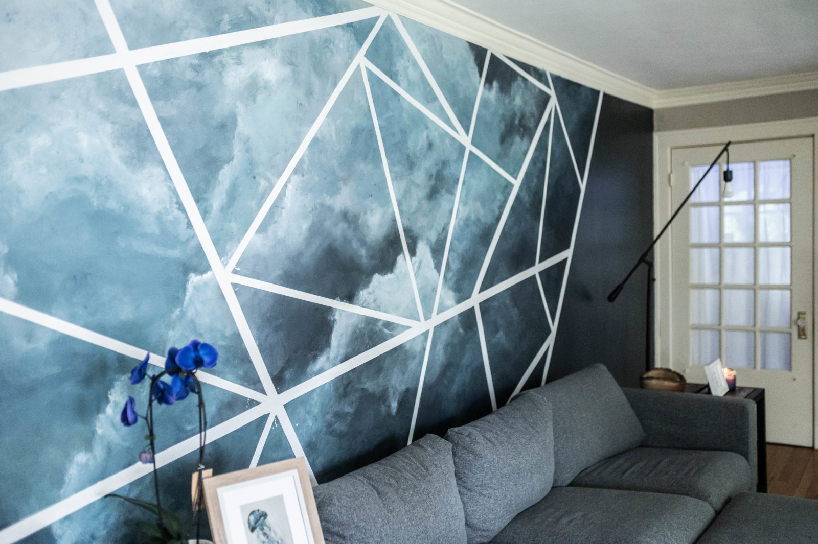 Blue Clouds with Line Design Living Room Mural - arastasia.com