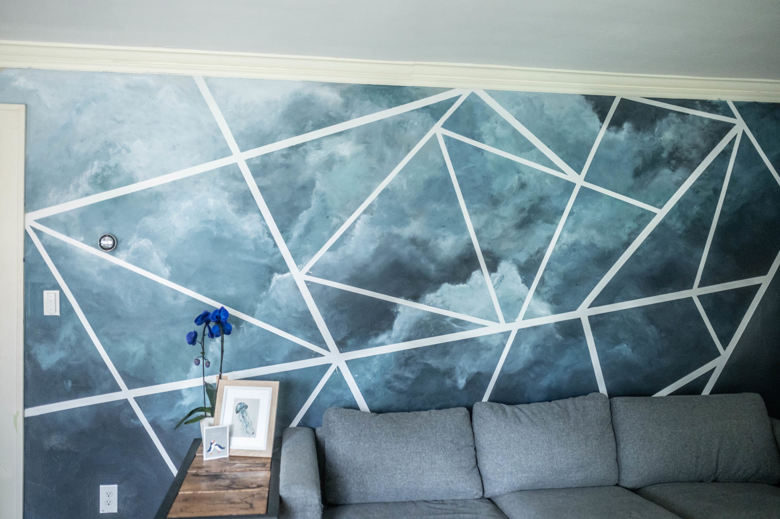 Blue Clouds with Line Design Living Room Mural - arastasia.com