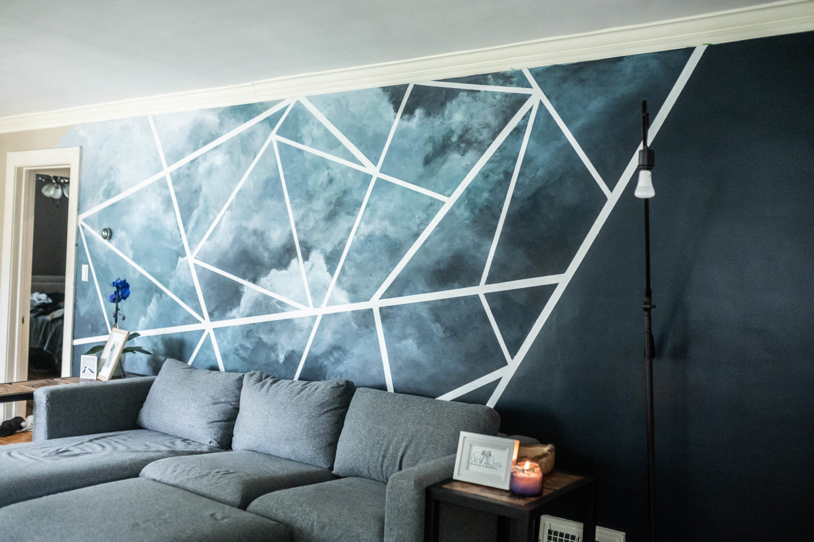 Blue Clouds with Line Design Living Room Mural - arastasia.com