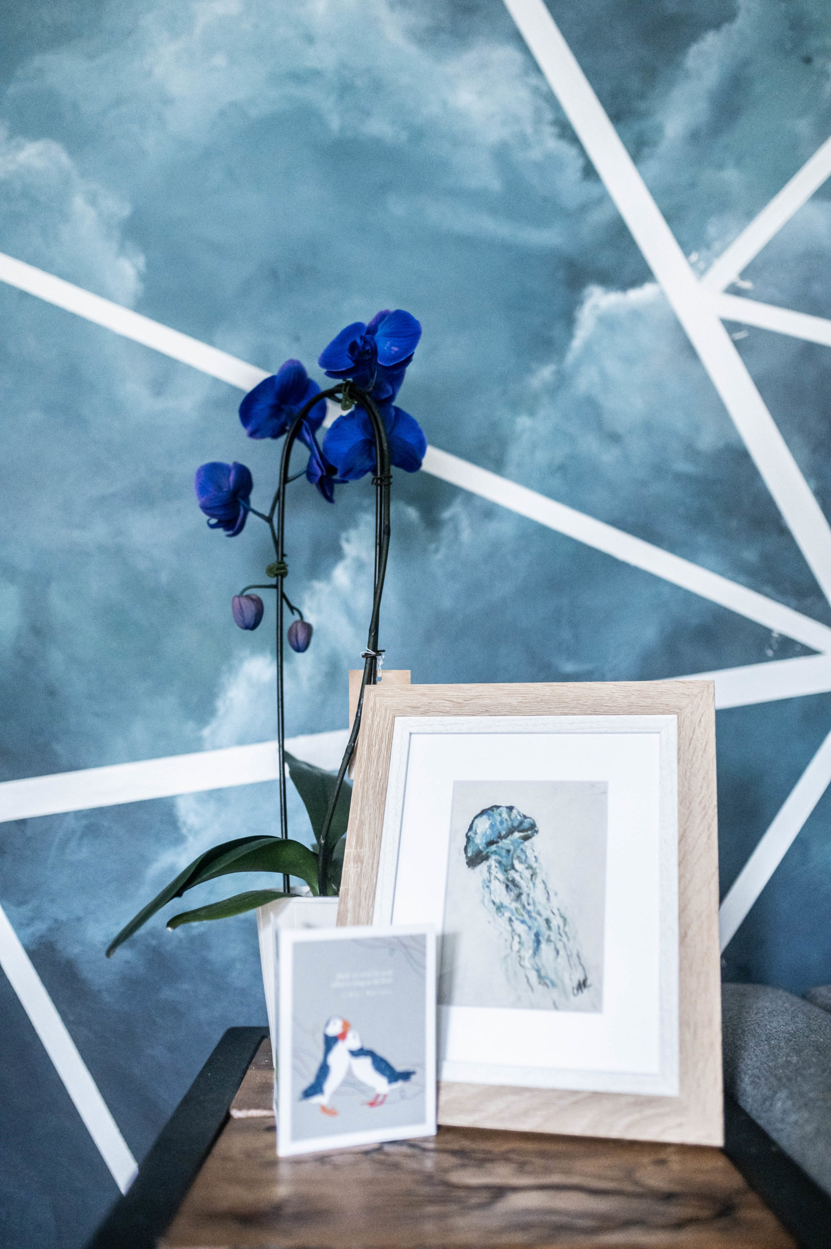 Blue Clouds with Line Design Living Room Mural - arastasia.com